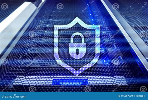 Cyber Protection Shield Icon On Server Room Background Information