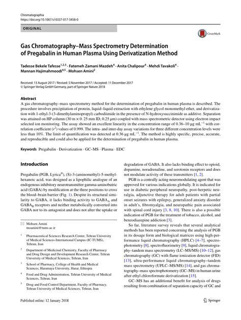 Pdf Gas Chromatography Mass Spectrometry Determination Of Pregabalin In Human Plasma Using