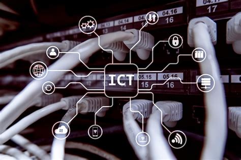 서버 룸 배경에 Ict 정보 및 통신 기술 개념 프리미엄 사진