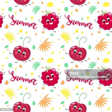 귀여운 과일과 매끄러운 패턴 여름 무늬 글자 만화 플랫 스타일의 벡터 일러스트레이션 건강한 생활방식에 대한 스톡 벡터 아트 및