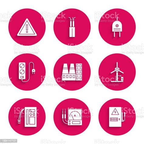 설정 발전소 공장 및 공장 Ampere 미터 멀티 미터 볼트미터 전기 패널 풍력 터빈 배터리 확장 코드 플러그 및 느낌표 삼각형