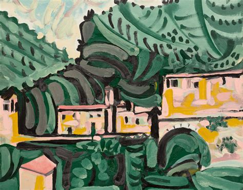 Download A Painting Of A Green And Yellow Painting With Houses In The