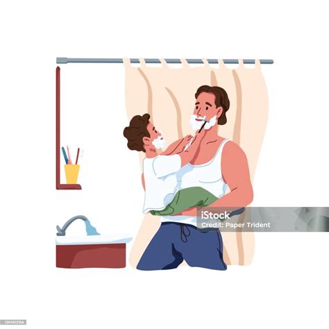면도기와 아들을 면도 아버지 아빠를 모방하고 거품을 바르는 아이 아빠와 아이는 놀고 욕실에서 아침 루틴 동안 함께 즐거운 시간을 보세요 흰색 배경에 격리된 플랫 벡터 그림