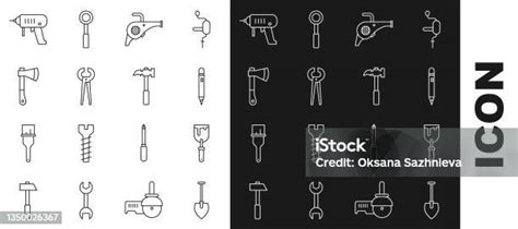 세트 라인 삽 퍼티 나이프 지우개를 가진 연필 잎 정원 송풍기 핀서 및 펜치 나무 도끼 전기 드릴 머신 및 발톱 망치 아이콘 벡터 갈고리 발톱에 대한 스톡 벡터 아트 및