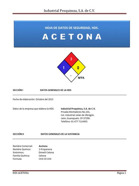 Hoja De Seguridad Acetona Proquimza Pdf Agua Mercancías Peligrosas