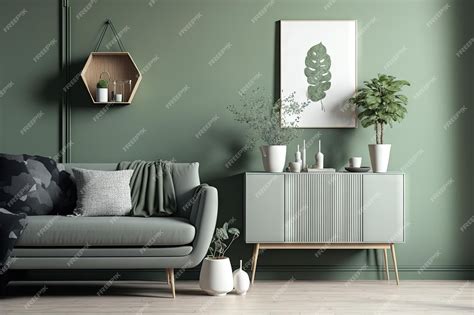 회색 현대적인 소파 유칼립투스 나무 화장실 접는 스크린과 현대적인 홈 액세서리 세이지 그린 벽 홈 스테이징 템플릿 복사 공간이 있는 현대적인 거실 인테리어 구성 프리미엄