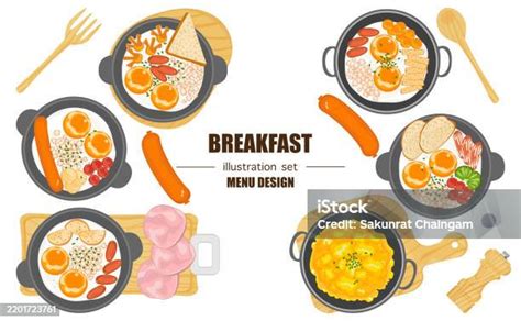 만화 벡터 일러스트 세트 태국식 아침 식사 식사 및 단일 요리 맛있는 음식 평면 디자인 계란 팬 달걀 튀긴 계란 빵 소시지 평면도 메뉴 레스토랑 흰색 배경 개체 그룹에 대한