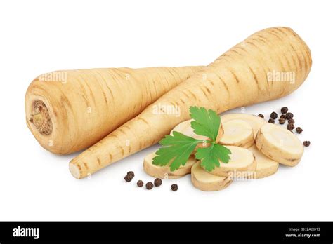 Parsnip Root And Slices With Parsley Isolated On White Background With Clipping Path Stock Photo