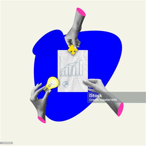 프로젝트 분석 비즈니스 아이디어 및 그래프 작업을 하는 동료 브레인스토밍 및 협력 현대 미술 콜라주 팀워크에 대한 스톡 사진 및