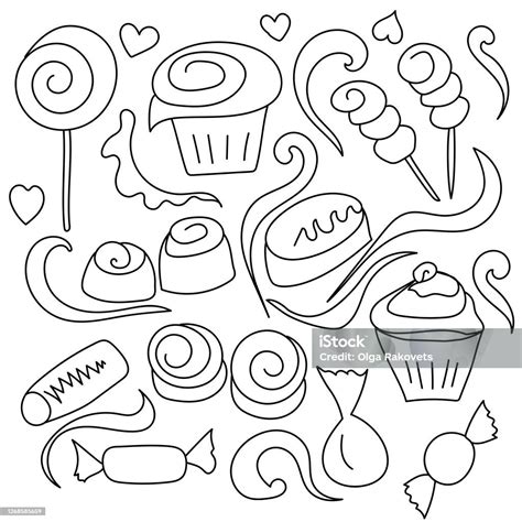 과자 사탕 마시멜로 컵 케이크 및 하트와 컬의 형태로 장식 요소에 대한 낙서 벡터 개요 일러스트 색칠하기에 대한 스톡 벡터 아트 및 기타 이미지 Istock