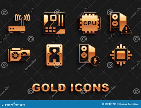 Set Hard Disk Drive Hdd Case Of Computer Processor With Cpu Video Graphic Card Router And Wi