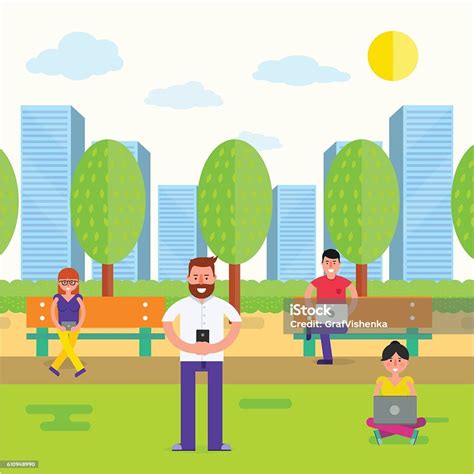 야외에서 무선 인터넷가있는 가젯을 사용하는 다양한 사람들 검색에 대한 스톡 벡터 아트 및 기타 이미지 검색 공원 남자 Istock