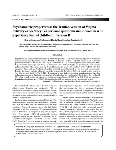 Pdf Psychometric Properties Of The Iranian Version Of Wijma Delivery Expectancy Experience