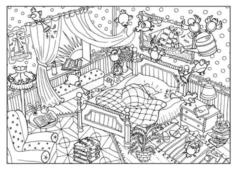 Страница расцветки с капризными птицами и медведем спать в утре Иллюстрация вектора