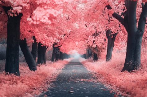 Pink Autumn Trees Lining A Pathway Dreamy Fall Scenery Romantic Road