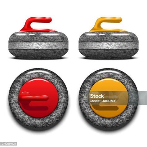 빨간색과 노란색 핸들 컬링 스톤은 흰색 배경 화강암 질감 및 상세한 하향식 및 측면도에 고립 된 사실적인 3d 벡터를 처리합니다 겨울 스포츠 컬링 단체 경기 및 경쟁 3차원