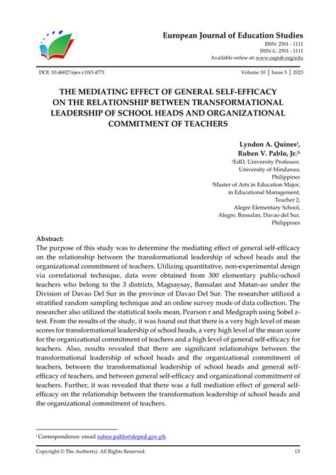Pdf The Mediating Effect Of General Self Efficacy On The Relationship Between Transformational