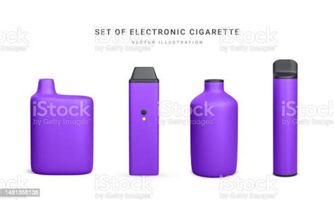 흰색 배경에 격리된 3d 현실적인 일회용 전자 담배 세트 다양한 맛을 지닌 현대 흡연 베이 핑 및 니코틴 벡터 그림 3차원 형태에 대한 스톡 벡터 아트 및 기타 이미지