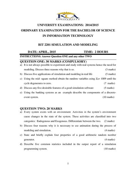 Bit 2201 Simulation And Modeling 1 University Examinations 2014