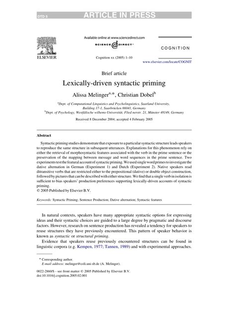 Pdf Lexically Driven Syntactic Priming