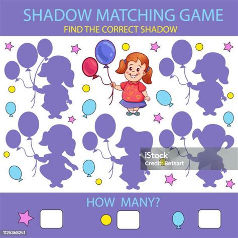 아이 섀도 일치 게임 정확한 그림자 찾기 풍선 어린 소녀 재미 있는 수수께끼 엔터테인먼트입니다 아기를 위한 활동 페이지입니다 아이 셀 게임 생일 장식입니다 벡터