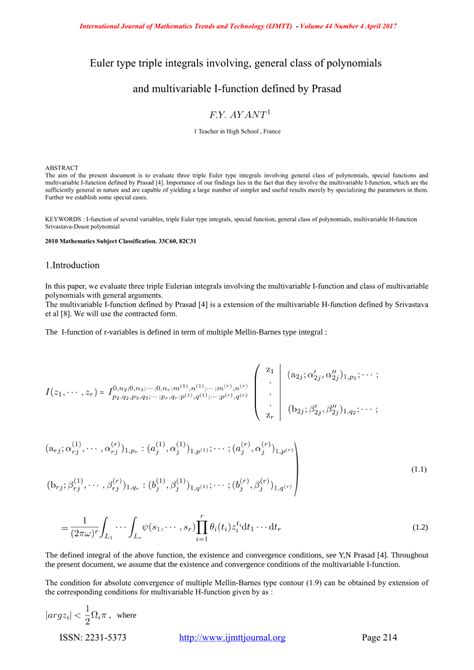 Pdf Euler Type Triple Integrals Involving General Class Of Polynomials And Multivariable I