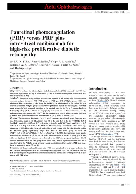Pdf Panretinal Photocoagulation Prp Versus Prp Plus Intravitreal Ranibizumab For High Risk