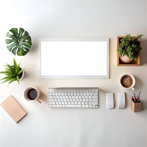 Clean And Modern Minimalist Workspace With A Computer Monitor Keyboard Mouse Coffee Mug And