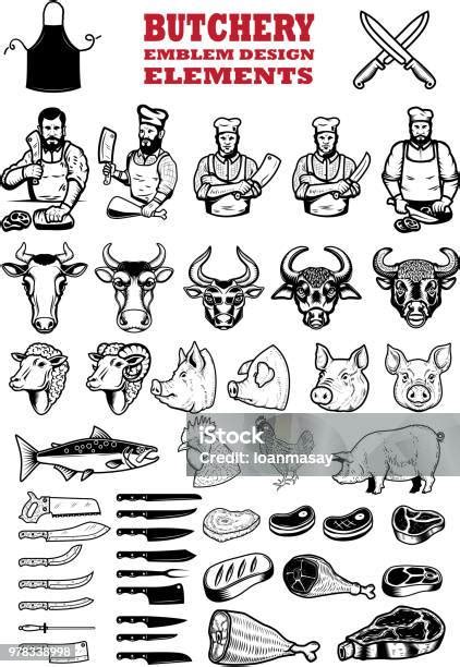 도살 고기가 게 디자인 요소 집합입니다 정육점 돼지고기 닭 암소 고기입니다 포스터 메뉴 카드 배너 레이블 상징 기호에 대 한 디자인 요소입니다 일러스트레이션에 대한 스톡