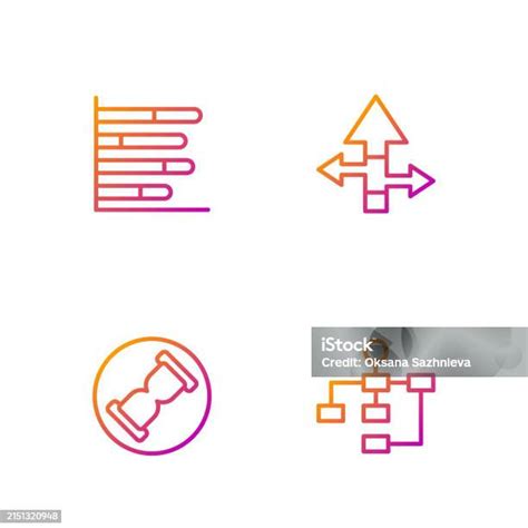 세트 라인 계층 구조 오가노그램 차트 모래가 있는 오래된 모래시계 파이 인포그래픽 및 화살표 그라데이션 색상 아이콘 벡터 개념에 대한 스톡 벡터 아트 및 기타 이미지