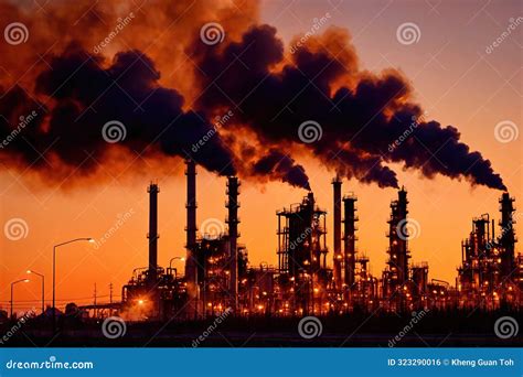 Burning Oil Refinery Smoking Industrial Factory Creating Pollution