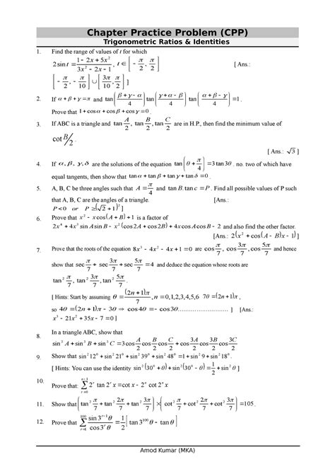 CPP Trigonometric Ratios Identities Chapter Practice Problem CPP Trigonometric Ratios