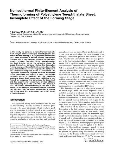 Pdf Non Isothermal Finite Element Analysis Of Thermoforming Of