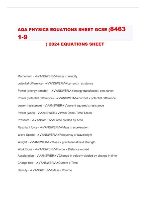Aqa Physics Equations Sheet Gcse 8463 1 9 2024 Equations Sheet Hsa Health Service