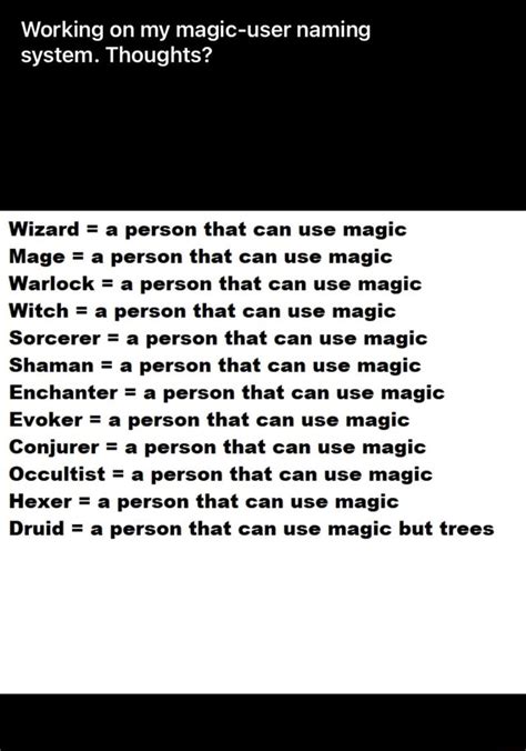 Working On My Magic User Naming System Thoughts Wizard A Person That Can Use Magic Mage A