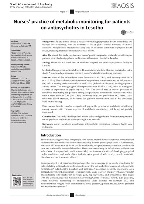 Pdf Nurses Practice Of Metabolic Monitoring For Patients On Antipsychotics In Lesotho