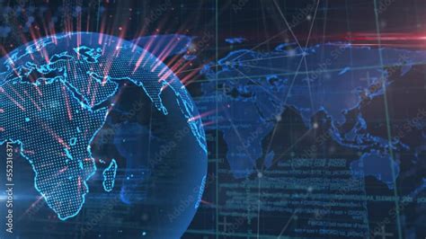 Animation Of Connected Dots Over Rotating Globe Over Map Lens Flares And Programming Language