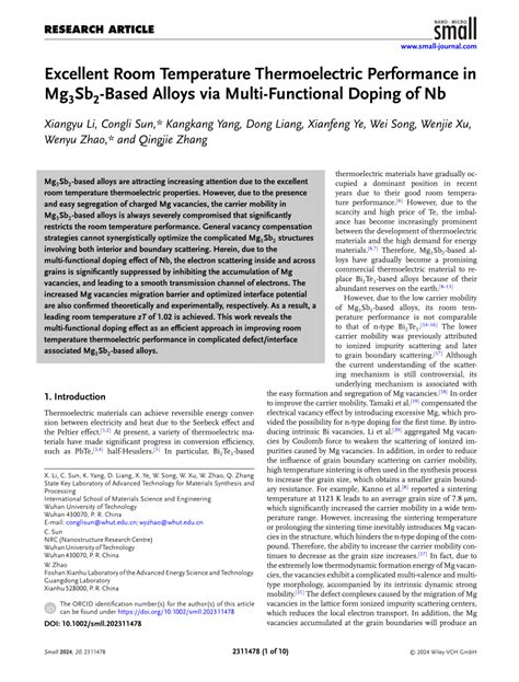 Excellent Room Temperature Thermoelectric Performance In Mg3sb2‐based Alloys Via Multi