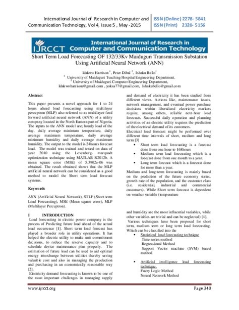 Pdf Short Term Load Forecasting Of 132 33kv Maiduguri Transmission Substation Using Artificial