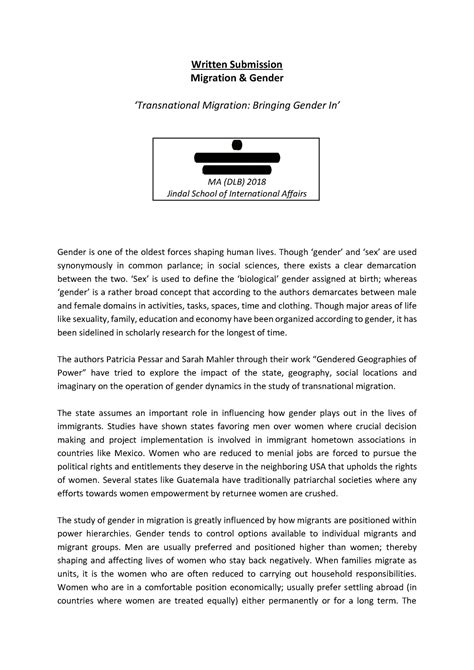 Writing Sample Migration Gender Written Submission Migration Gender Transnational Studocu