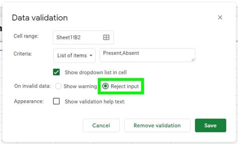 Reject Input Setting In The Data Validation Menu In Google Sheets For The Option On Invalid