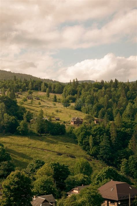 Mountain Summer Landscape Houses On Mountain Green Hills Stock Image