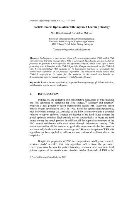 Pdf Particle Swarm Optimisation With Improved Learning Strategy
