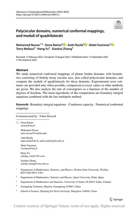 Pdf Polycircular Domains Numerical Conformal Mappings And Moduli Of Quadrilaterals