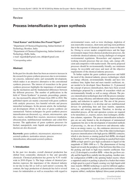 Pdf Process Intensification In Green Synthesis