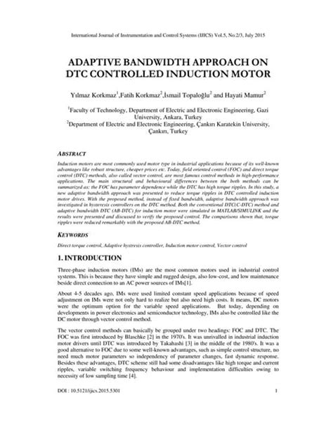 Adaptive Bandwidth Approach On Dtc Controlled Induction Motor Pdf