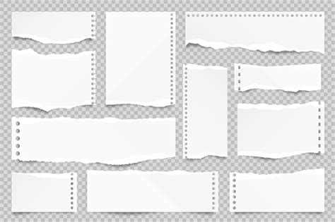 투명한 배경에서 분리된 찢어진 종이 스트립 찢어진 가장자리가있는 현실적인 종이 스크랩 스티커 노트 노트북 페이지의 조각 벡터