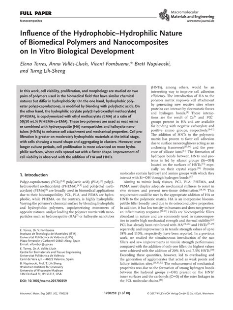 Pdf Influence Of The Hydrophobic Hydrophilic Nature Of Biomedical Polymers And Nanocomposites