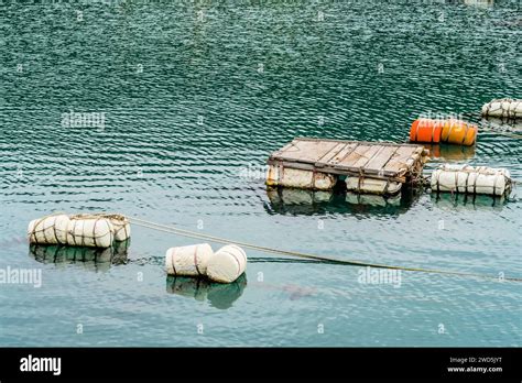Styrofoam Floats And Wooden Dock Floating In Water South Korea Stock