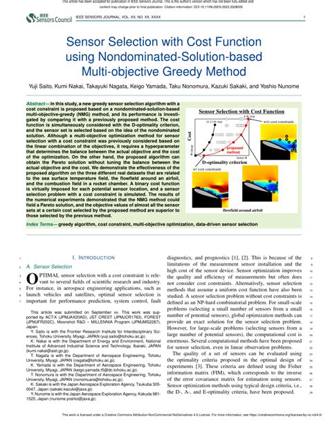Pdf Sensor Selection With Cost Function Using Nondominated Solution